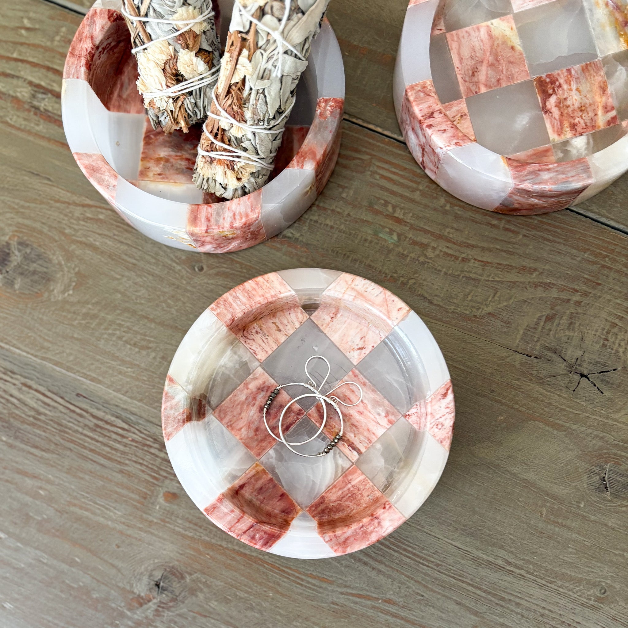 Natural Stone Home Accents - Pink Marble and White Onyx Checker Dish ...